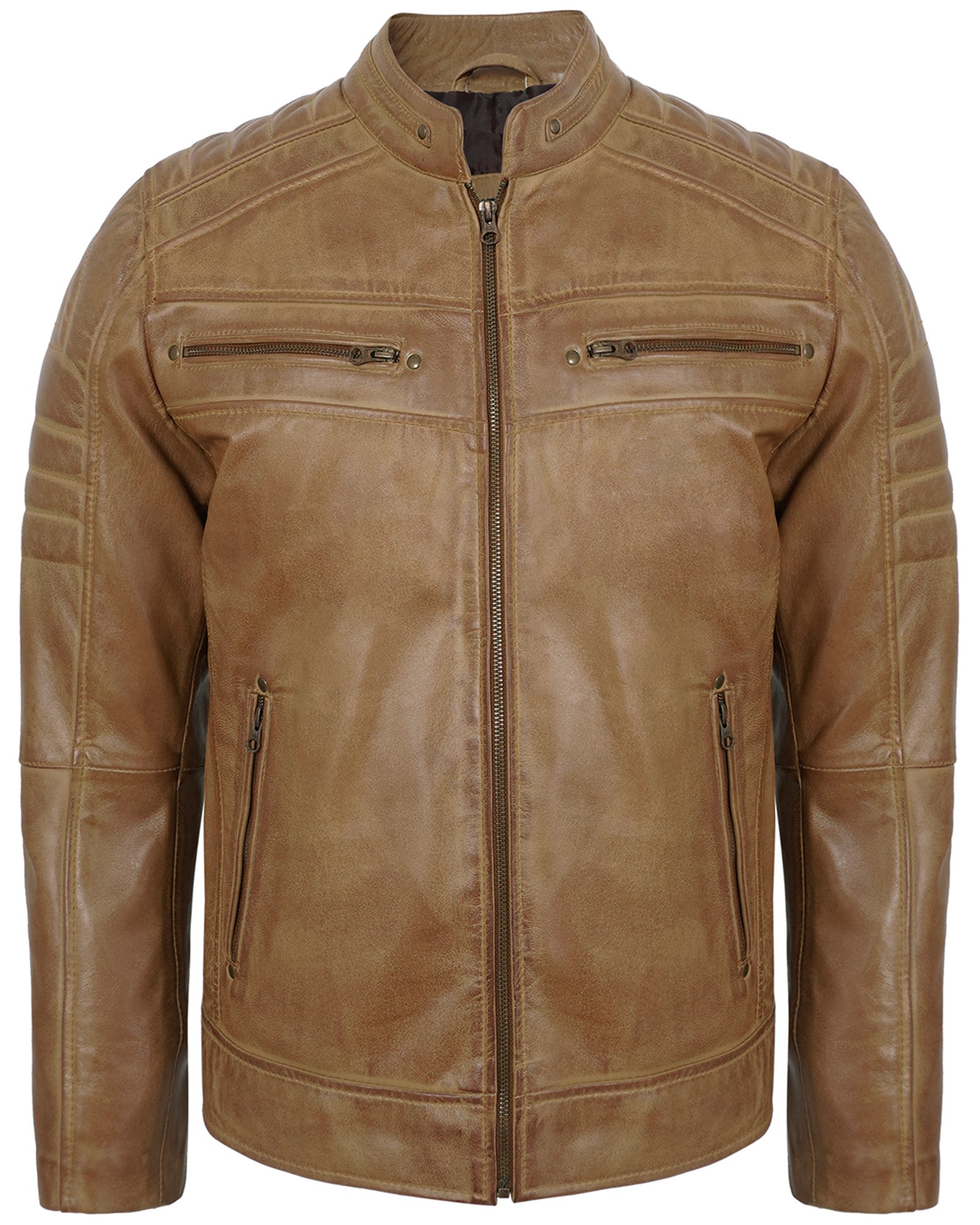 Camel Men’s Cafe Racer Leather Jacket – Lambskin Motorcycle